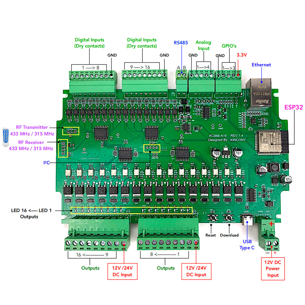 KC868-A16 Arduino ESP32 16 Channel GPIO Module – KinCony IoT